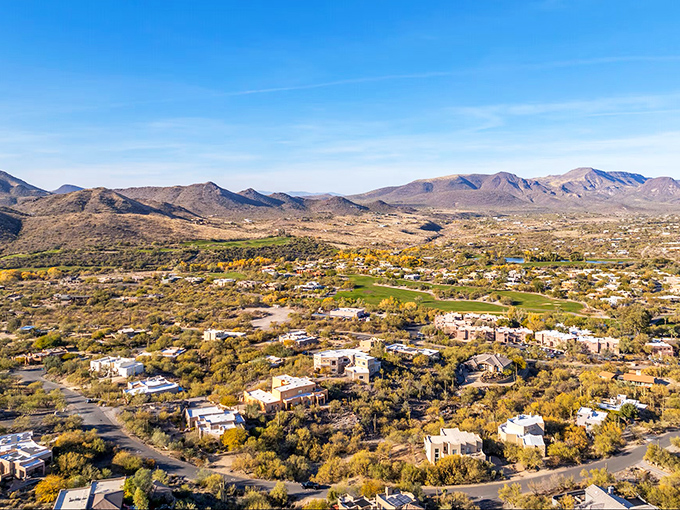 The view of Cave Creek shows how this Western outpost maintains its character despite Phoenix's sprawl. Those mountains keep watch over it all.