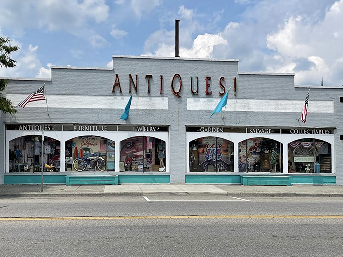 White facade and big windows create an airy, welcoming space for serious vintage treasure hunting.