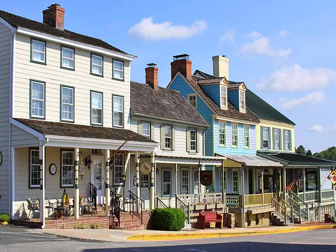 Chesapeake City's historic row houses stand side by side in a charming palette of cream, blue, and green, with inviting front porches.