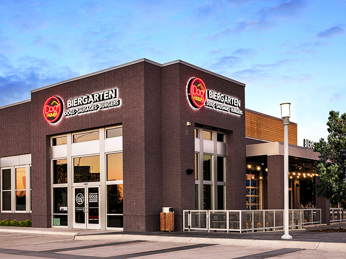 Dog Haus Biergarten's modern brick building hints at the contemporary twist they put on the classic hot dog experience.