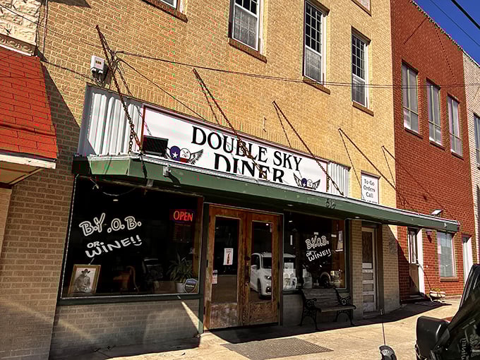 Double Sky Diner's vintage storefront promises the kind of small-town hospitality legends are made of.