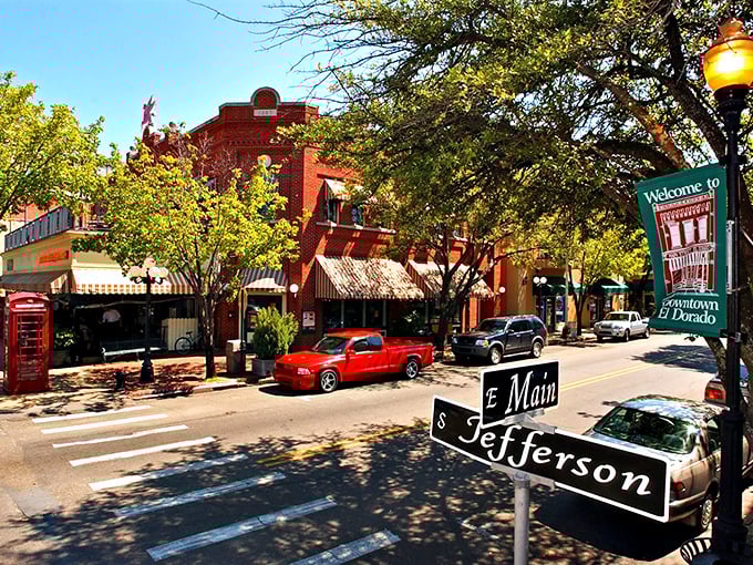 El Dorado's vintage downtown charm includes that classic red phone booth, a nostalgic touch for golden years.