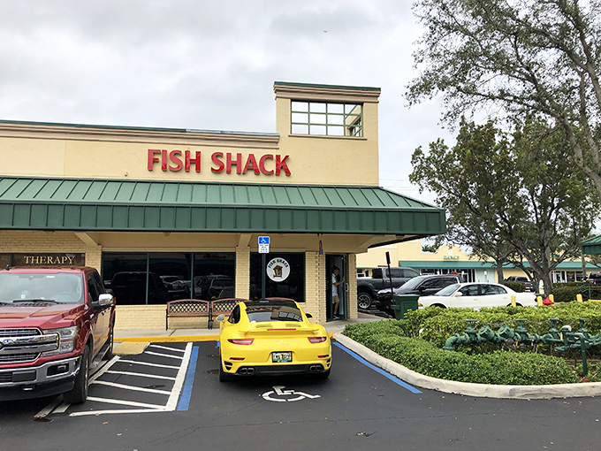 The yellow sports car parked outside Fish Shack creates the perfect Florida contrast&mdash;flashy on the outside, but inside it's all about substance over style.