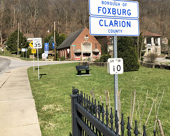 Welcome to Foxburg, where the population sign doubles as a conversation starter with every visitor.