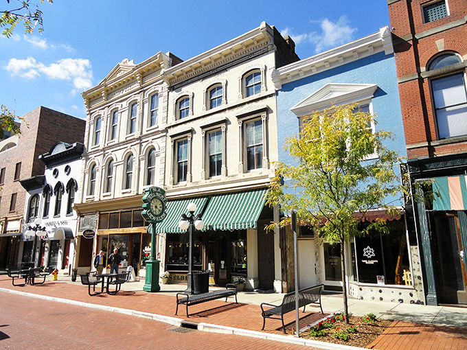 Frankfort's downtown buildings display architectural details that modern construction forgot, offering beauty at no extra charge whatsoever.