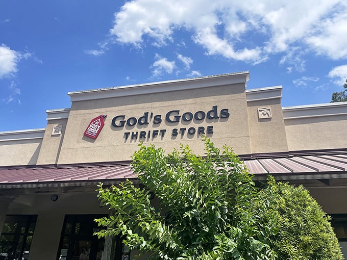 God's Goods: where divine intervention meets discount shopping. That tasteful signage promises an upscale thrifting experience.