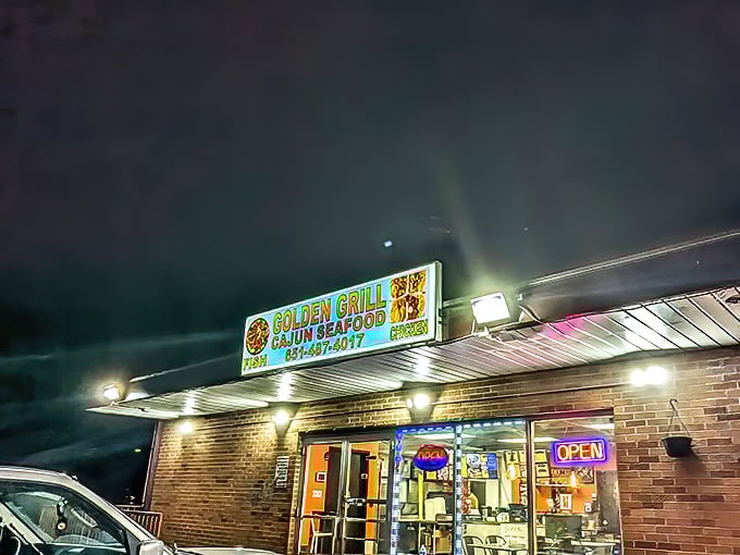 Golden Grill's glowing sign against the evening sky looks like a lighthouse guiding hungry souls to safety.