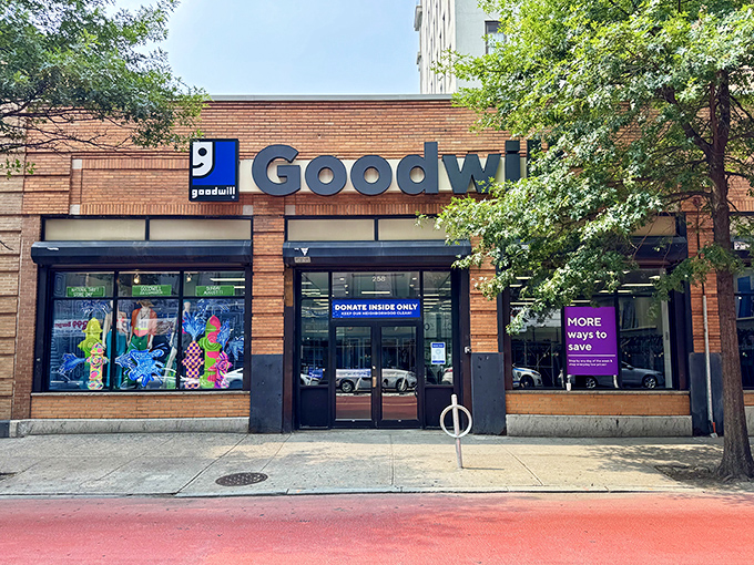 Goodwill Brooklyn: Brick facade, bright signage, and leafy trees create the perfect urban thrifting oasis. Bargain hunting never looked so inviting.