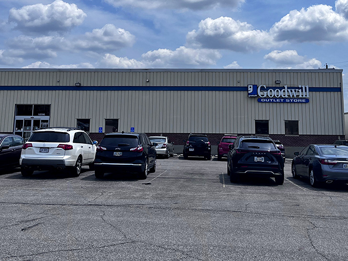 Goodwill Outlet's warehouse design hints at the treasure-hunting adventure waiting inside those industrial doors.