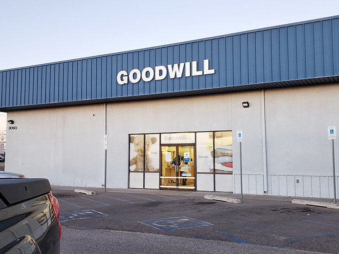 Goodwill's simple blue signage marks the spot for budget-friendly discoveries. Where one person's castoffs become another's treasures!