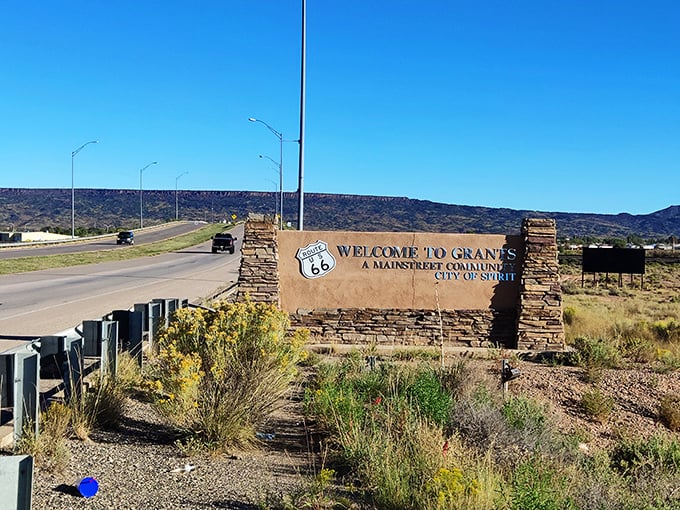 The "Welcome to Grants" sign greets Route 66 travelers, inviting them to experience one of New Mexico's most affordable small towns.