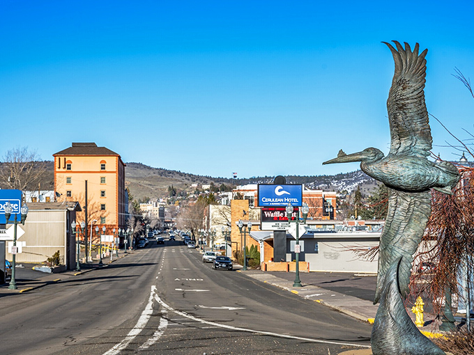 Klamath Falls' downtown features a striking pelican sculpture, celebrating the wildlife that makes free entertainment abundant.