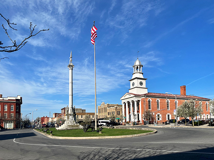 Lewistown's town square represents classic American community design where neighbors gather and friendships flourish.