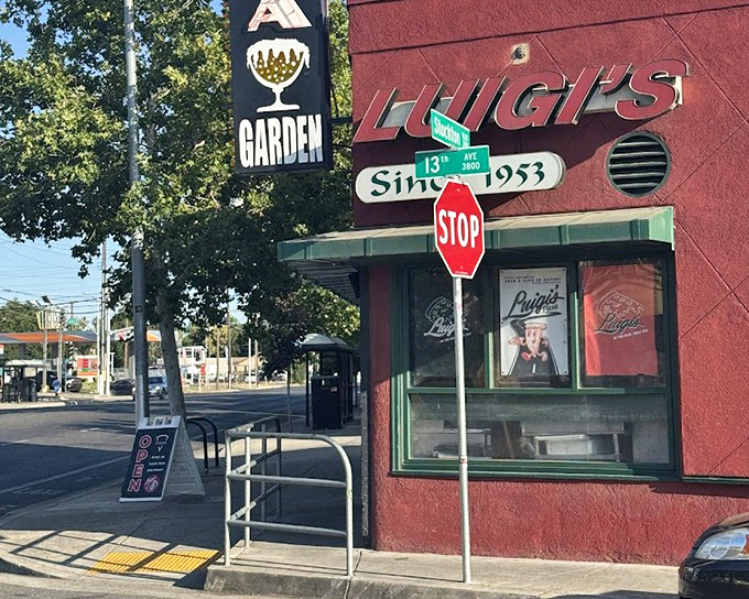 Luigi's classic red brick facade represents old-school Sacramento pizza traditions that never go out of style. 