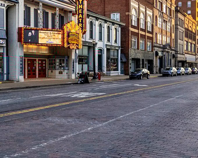 Marietta's historic theater marquee lights up downtown, a beacon of community entertainment that's survived the streaming era.