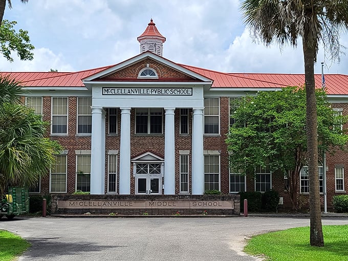 McClellanville's historic schoolhouse stands as a reminder that some things are worth preserving. Spanish moss included at no extra charge.