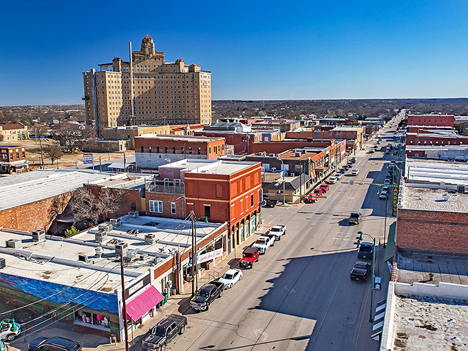 A bird's-eye view of Mineral Wells reveals a town nestled comfortably in the rolling Texas landscape.