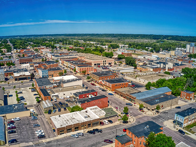 An aerial view of New Ulm highlights its historic brick buildings and locally owned shops at the heart of the community.