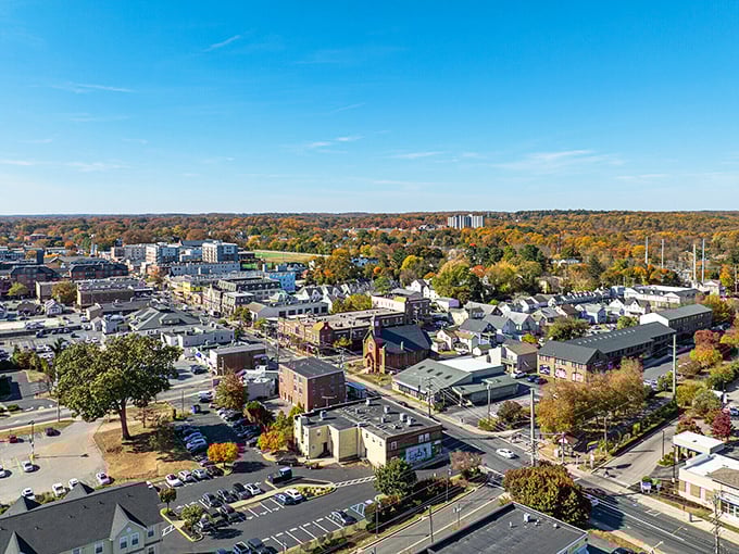 Newark's aerial view shows a vibrant college town where retirees enjoy youthful energy.
