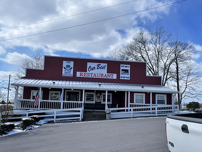 Our Best's country-store charm takes you back to simpler times. Red siding and white railings frame a chicken experience worth remembering.