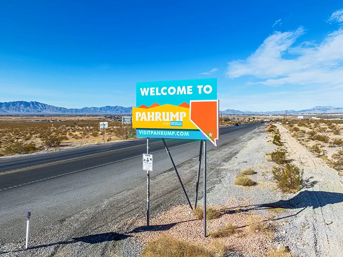 Pahrump's welcome sign stands against an endless desert horizon, marking the entrance to one of Nevada's budget-friendly gems.