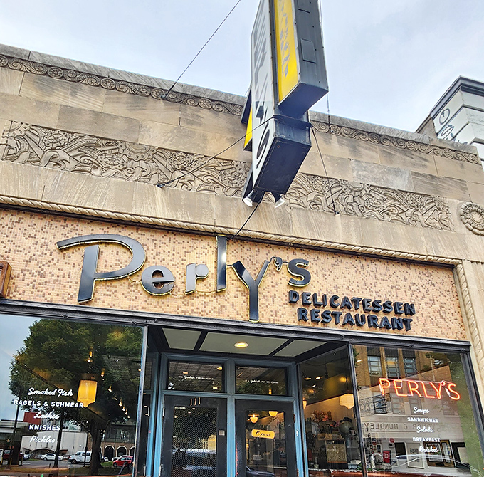 Perly's art deco facade brings Manhattan deli sophistication to Richmond's Grace Street with style. 