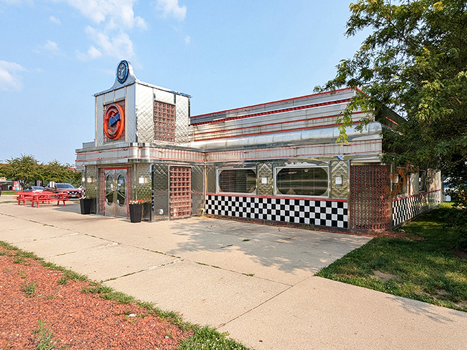 Classic diner architecture with that distinctive diamond pattern - like stepping into a Norman Rockwell painting of breakfast.