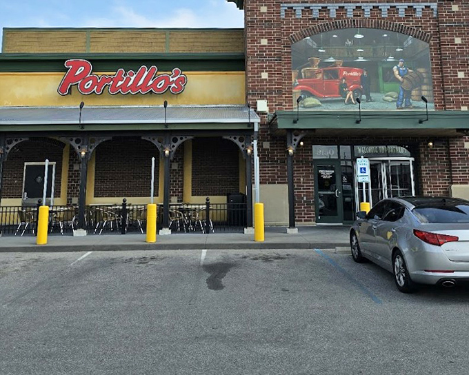 Another view of Portillo's brick exterior - where Chicago flavor meets Indiana hospitality.