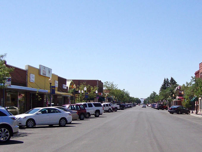Powell's wide, welcoming main street showcases the town's relaxed pace, with local shops lining both sides of this charming thoroughfare.