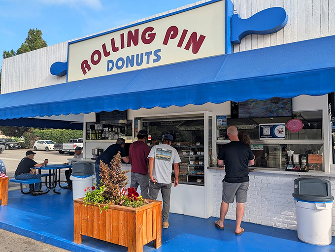 Rolling Pin's classic blue awning welcomes donut lovers to a taste of old-school California goodness.
