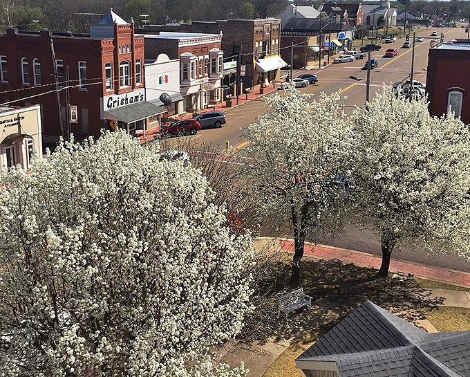 Spring blooms frame this charming downtown street where historic buildings still stand proud and parking spots are plentiful.