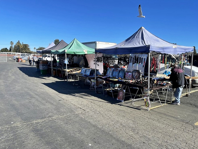 Outdoor vendor rows stretch toward distant mountains like a treasure hunter's yellow brick road.