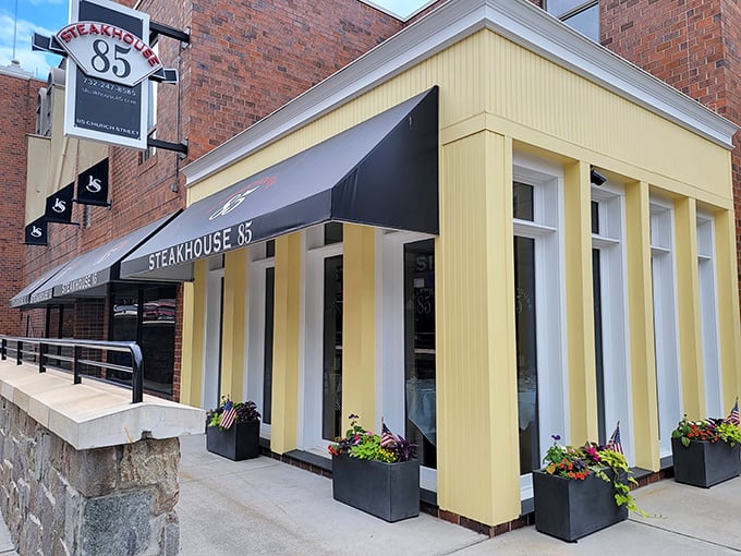 Steakhouse 85's cheerful yellow facade brightens downtown New Brunswick – a sunny prelude to serious steak business inside.