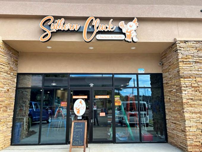 Suthern Cluck's modern stone facade brings contemporary style to classic comfort food. Where tradition meets innovation in the chicken and waffle universe.