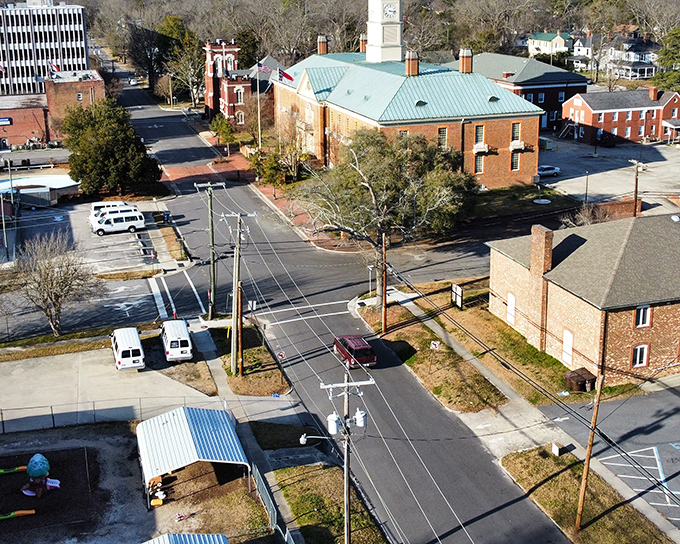 Tarboro&rsquo;s historic charm shines from above, with tree-lined streets, brick buildings, and a timeless courthouse at its heart.