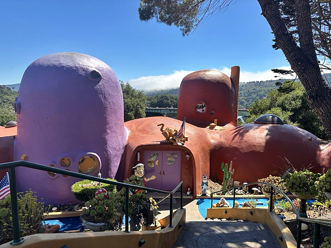 The Flintstone House's bulbous purple and orange domes look like they were plucked straight from a cartoon.