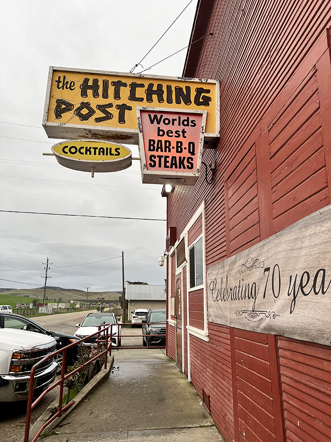 The Hitching Post's vintage sign has been guiding hungry travelers to barbecue bliss for generations.