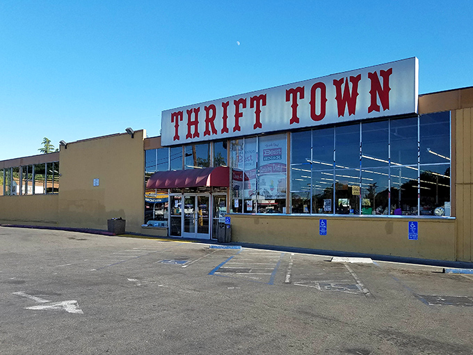 Thrift Town's classic red lettering has welcomed Sacramento bargain hunters for decades - tradition meets incredible deals here.
