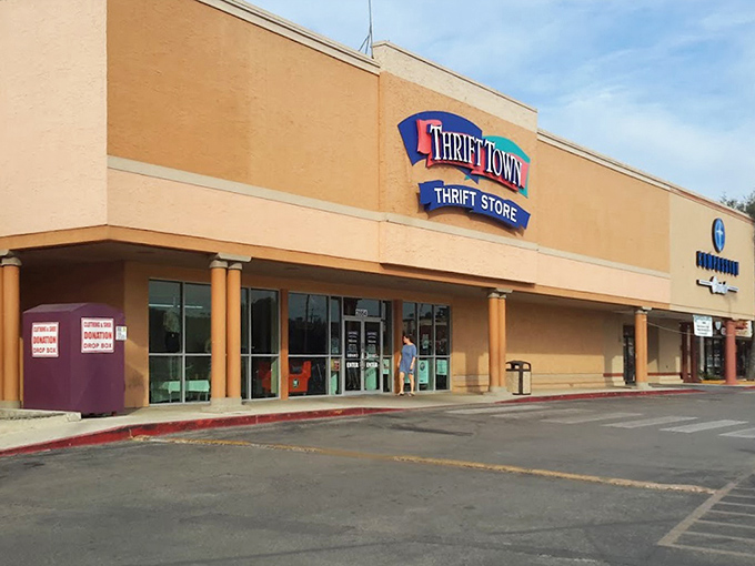 Thrift Town's cheerful signage promises a friendly shopping experience. San Antonio's bargain hunters know this spot delivers consistent treasures.