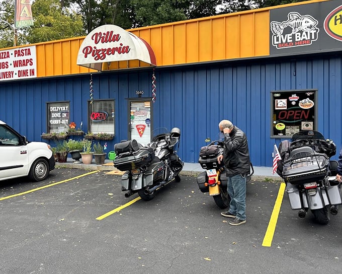 Villa Pizzeria's blue exterior might seem unassuming, but those motorcycles outside tell you it's worth stopping for &ndash; bikers know good pizza!