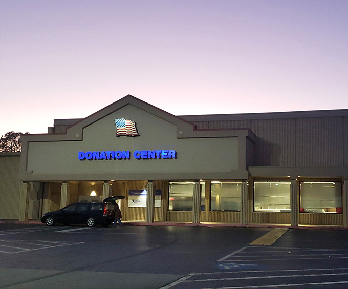 The evening glow highlights a thrift destination that transforms bargain hunting into a proper shopping expedition.