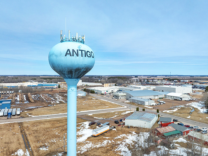 Antigo's distinctive blue water tower rises above this affordable central Wisconsin town. Small-town charm with prices to match!