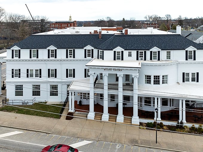 The Boone Tavern Hotel in Berea stands as a grand white reminder of Kentucky's rich hospitality traditions.