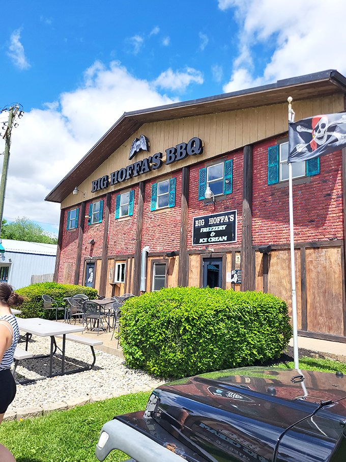 Big Hoffa's looks like a pirate ship crashed into a BBQ joint &ndash; that flag warns you're about to plunder some serious flavor treasure.