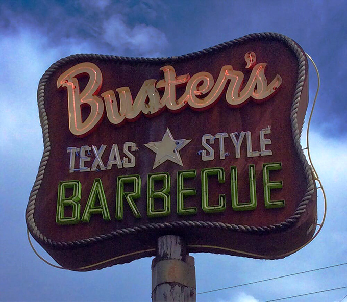 Buster's neon sign glows like a BBQ beacon in the night. Texas-style barbecue finds a perfect home in this Tigard favorite.