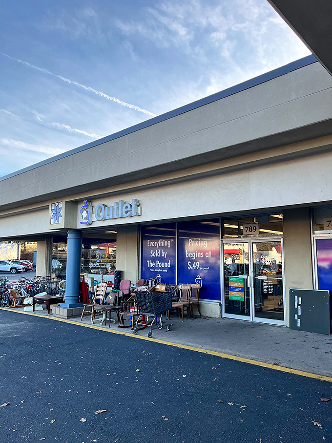 The simple "Thrift Outlet" sign belies the bargains within this Care & Share location. When everything's sold by the pound, your cart fills up faster than a kiddie pool in summer!