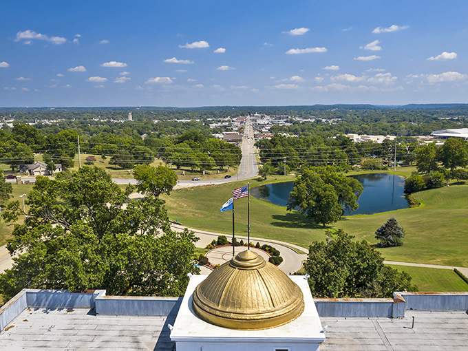 The view from Claremore's courthouse shows a town nestled comfortably in Oklahoma's rolling landscape. 