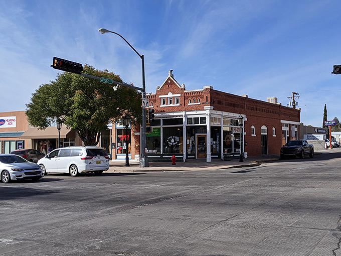 Historic storefronts in downtown Deming offer a glimpse into the past, where brick buildings and wooden awnings create a timeless Main Street charm.