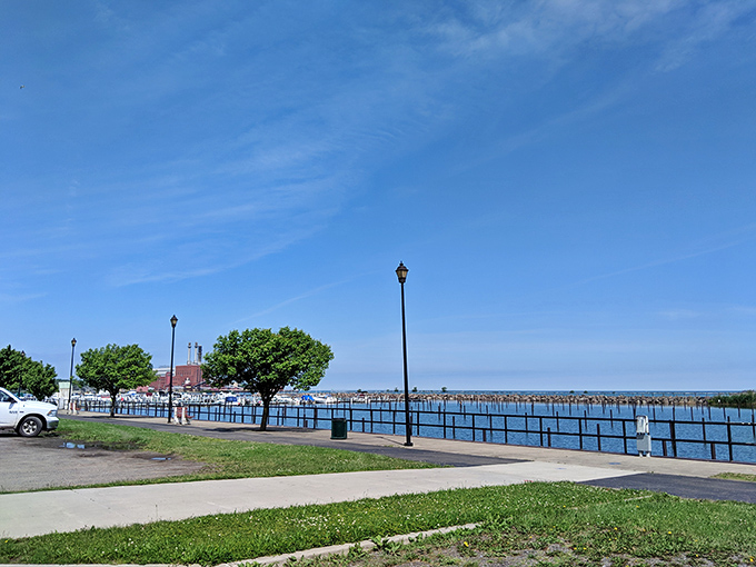 Bright blue waters of Lake Erie sparkle alongside Dunkirk's shoreline path, offering scenic views that come with the affordable territory.
