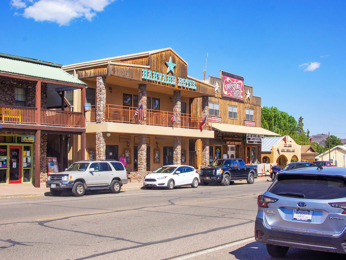 The historic Harvard Hotel commands attention with its classic architecture, surrounded by the stunning West Texas street.